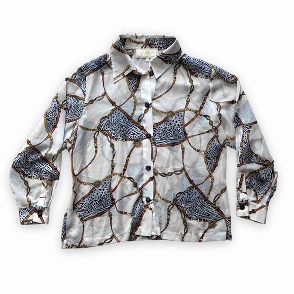 St. John | Tops | St Johnsport Size Medium Button Up Blouse Blue Animal Print Chains Equestrian ...